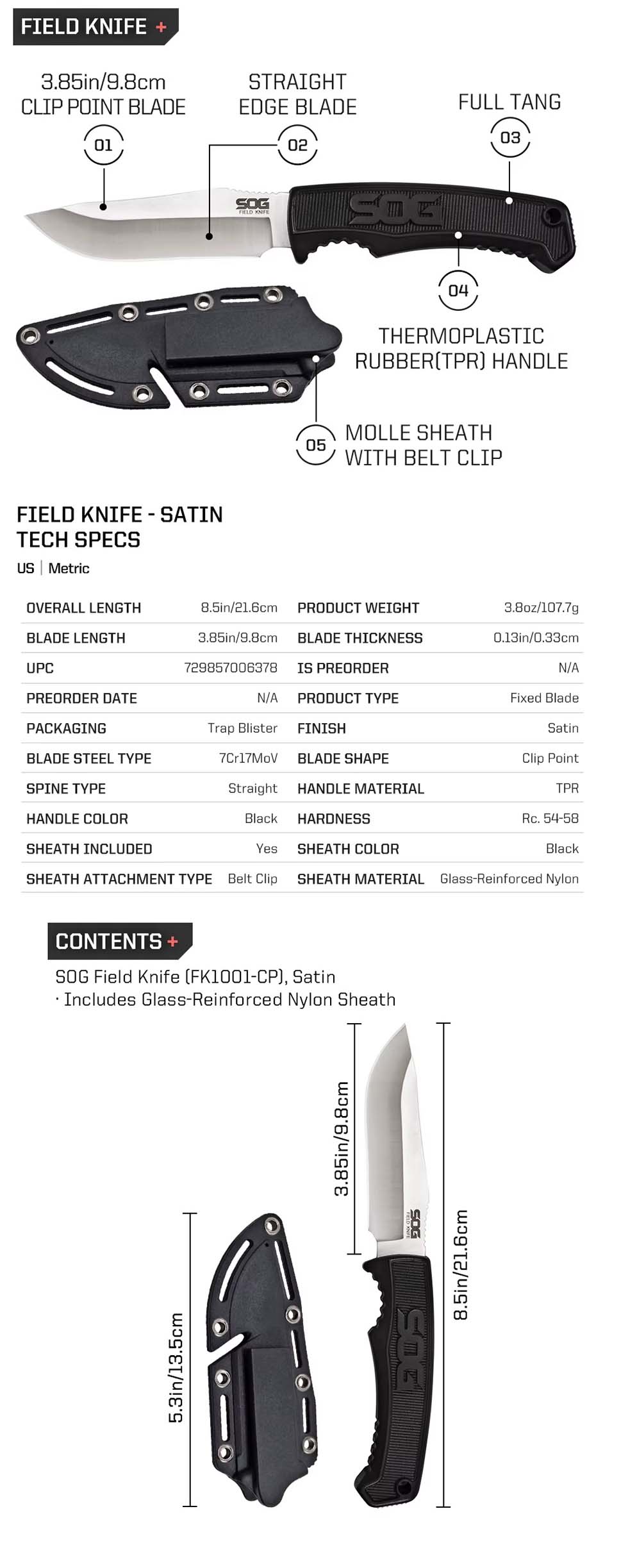 SOG Field Knife Fixed Blade | Survival Camp Knife with Sheath – 3.85 ...